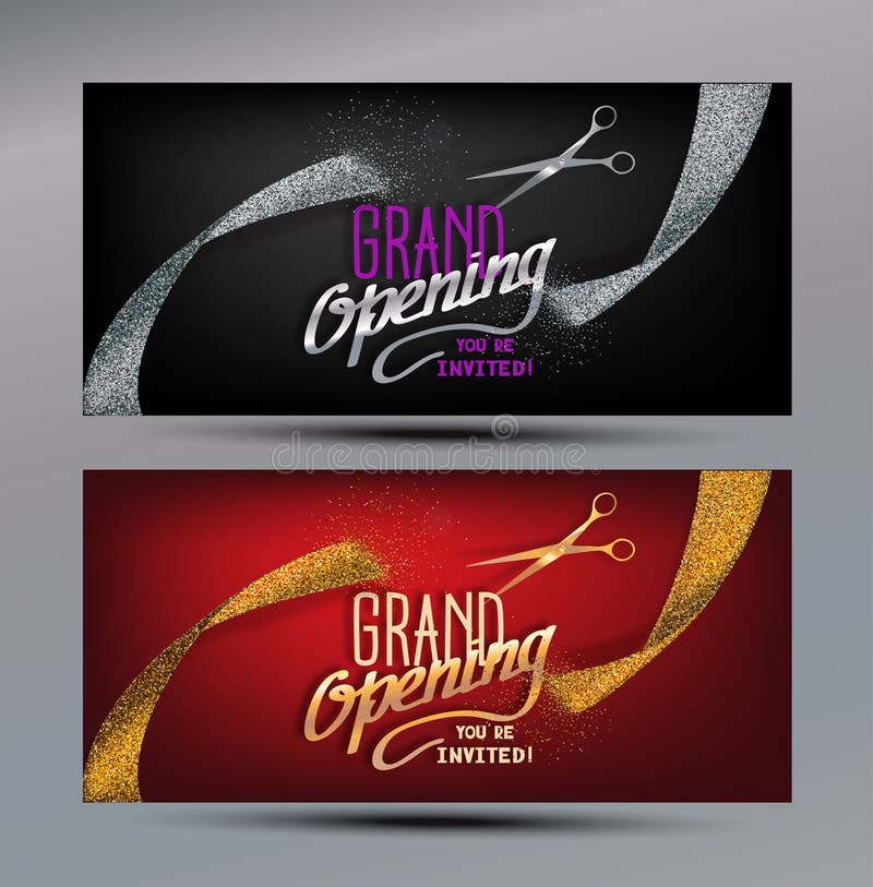 Grand Opening Banners with Abstract Gold and Silver Ribbons and ...