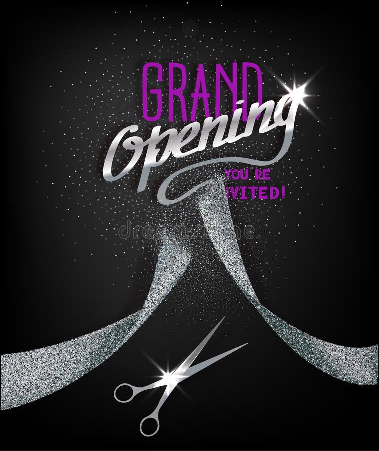 Grand Opening Card With Abstract Silver Ribbon And Scissors Stock ...