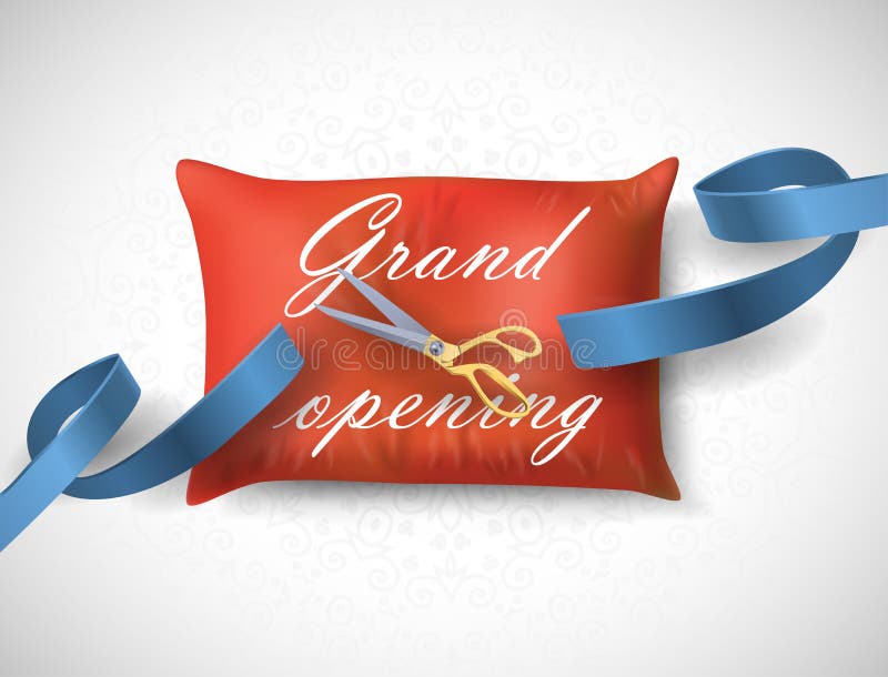 Grand Opening Card with Blue Ribbon, Scissors on the Pillow. Vector ...