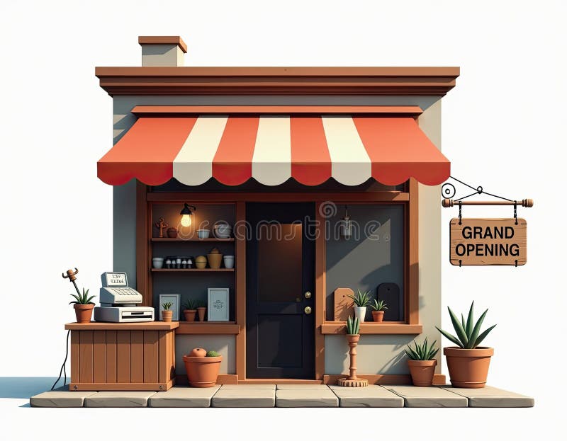 Grand Opening of a Cute Cartoon Shop - 3D Render Stock Illustration ...
