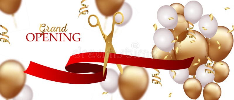 Grand Opening Design with Ribbon, Balloons and Gold Scissors, Confetti ...