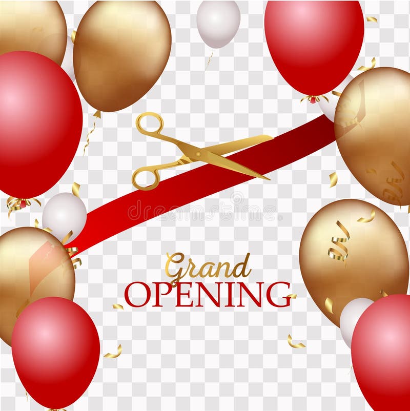 Grand Opening Design with Ribbon, Balloons and Gold Scissors, Confetti ...