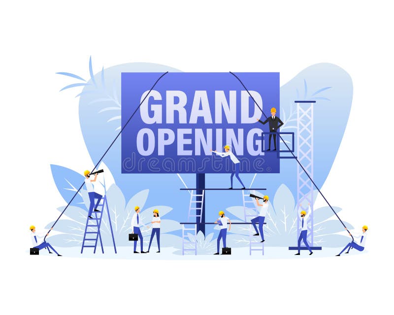 Grand Opening Placard in Flat Style with People on White Background ...