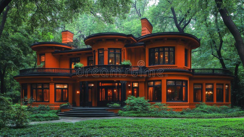 Grand Orange Mansion in Lush Green Landscape Stock Photo - Image of ...