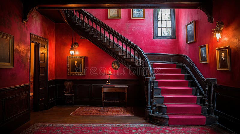 Grand, Ornate, Dark Red Hallway with Winding Staircase Stock ...