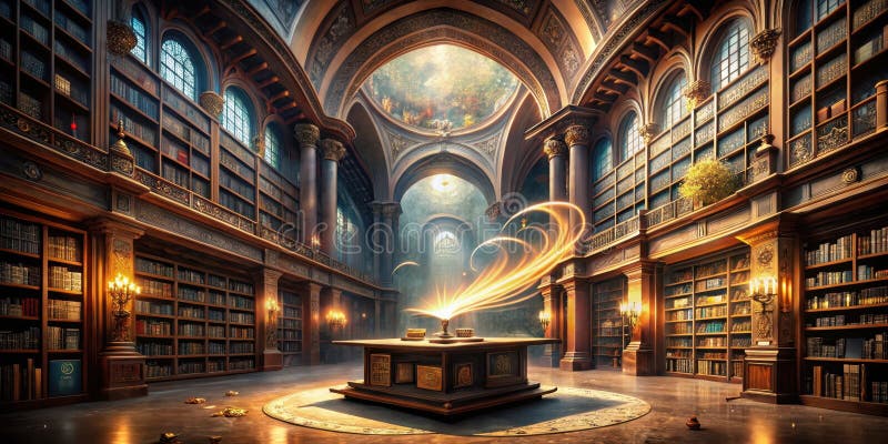 A Grand, Ornate Library with Glowing Golden Light Emanating from a ...