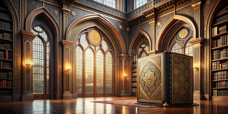 A Grand Ornate Library with a Luxurious, Intricately Designed Bookcase ...