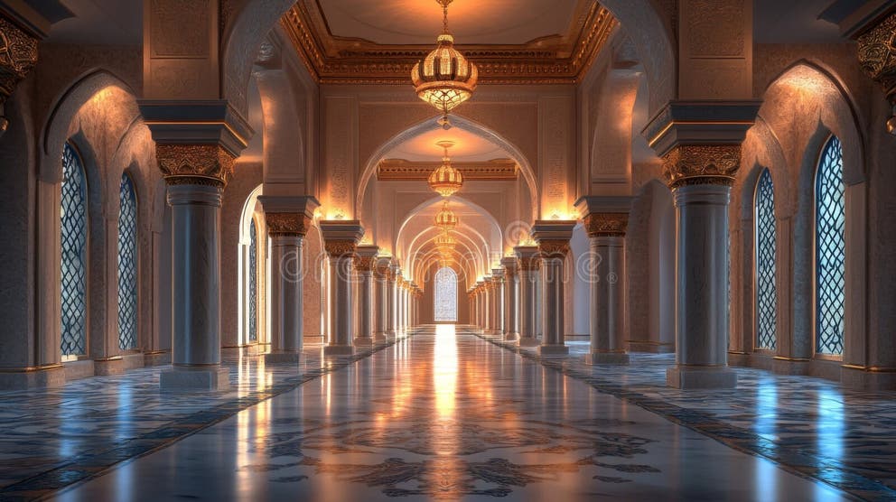 Grand Palace Hallway with Ornate Columns and Lighting Stock ...