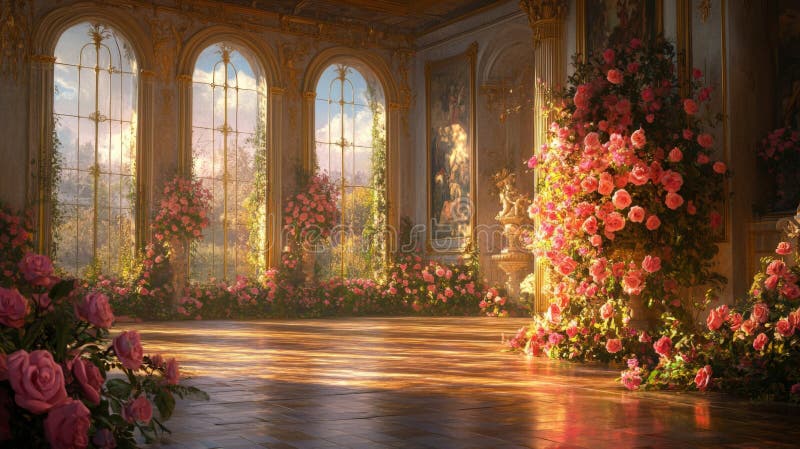 Grand Palace Room Filled with Pink Roses and Sunlight Stock ...