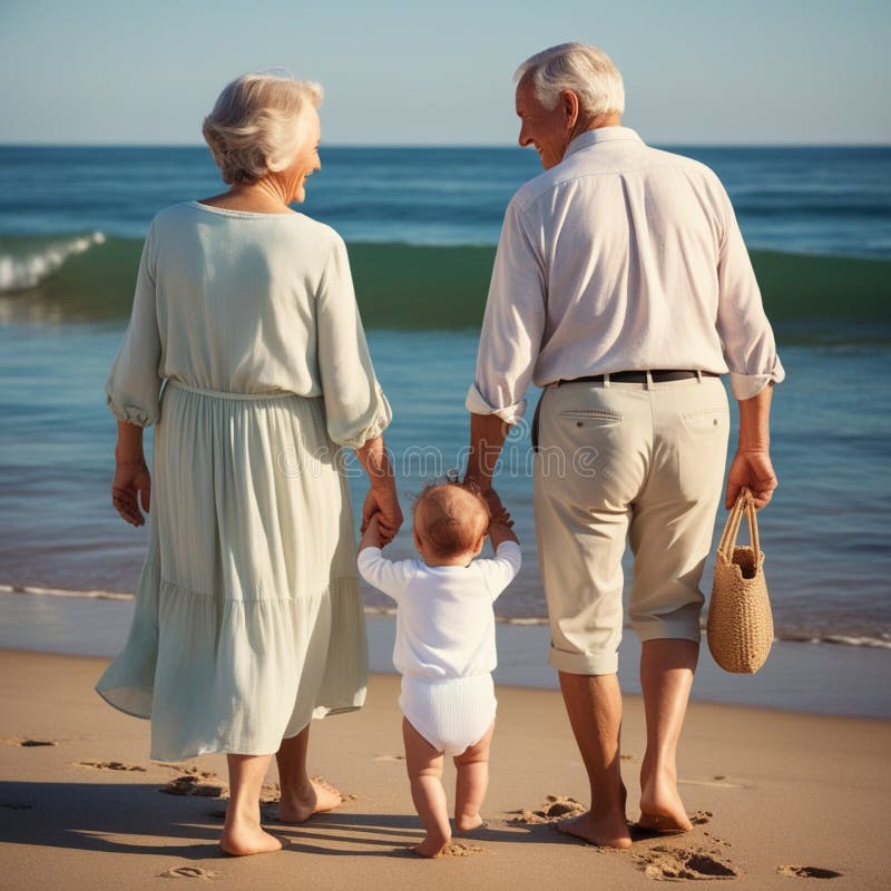 Grand Parents Walking on Beach Stock Illustration - Illustration of ...