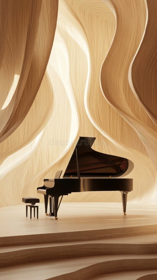 Grand Piano in Abstract Wooden Interior with Flowing Patterns Stock ...