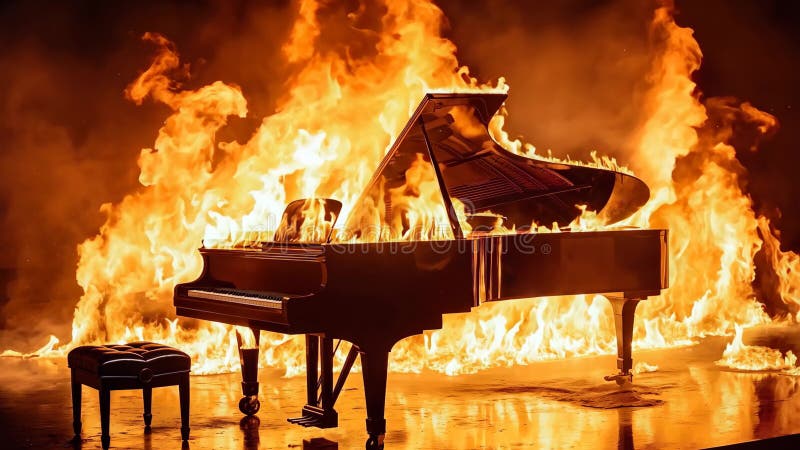 A Piano on Fire with a Stool in Front of it Stock Video - Video of ...