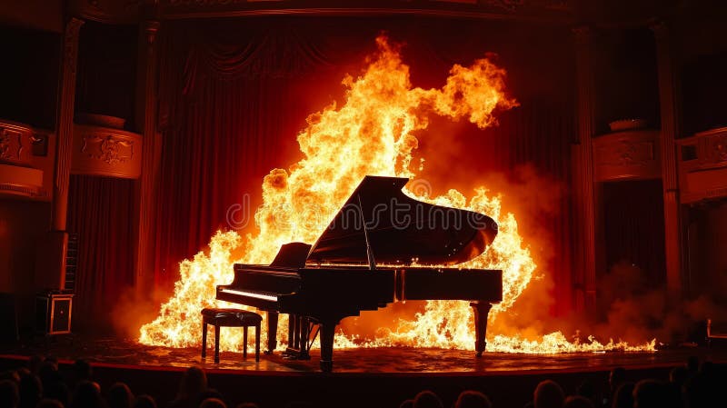A Grand Piano on Fire in Front of a Crowd of People Stock Image - Image ...