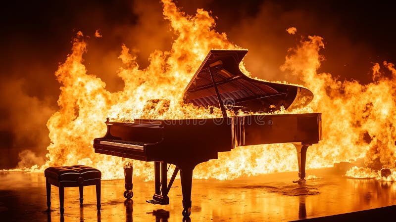 A Grand Piano on Fire on a Stage with a Stool Stock Photo - Image of ...