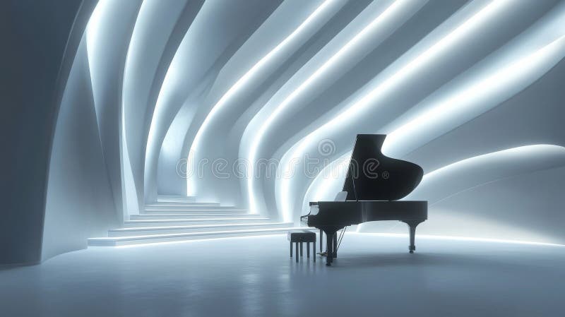 Grand Piano in a Futuristic Hall with Flowing Light Design Stock Image ...