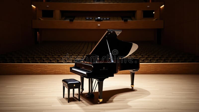 Grand Piano on Stage in Empty Concert Hall with Rows of Seats. Stock ...