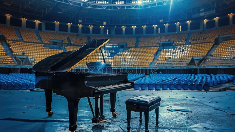 Grand Piano Under Cool Blue Lighting on an Empty Arena Stage with ...