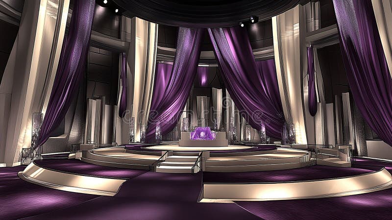 Grand Purple Hall, Event Stage Lighting Luxury Interior 3D Render ...