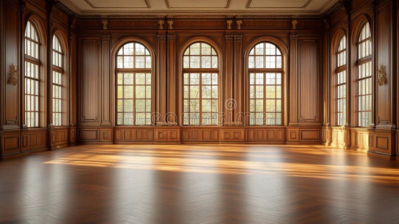 Grand Room with Sunlight Streaming through Large Wooden Windows Stock ...