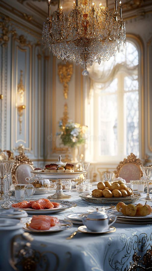 Grand Royal Dining Room with Elegantly Dressed Table Stock Illustration ...