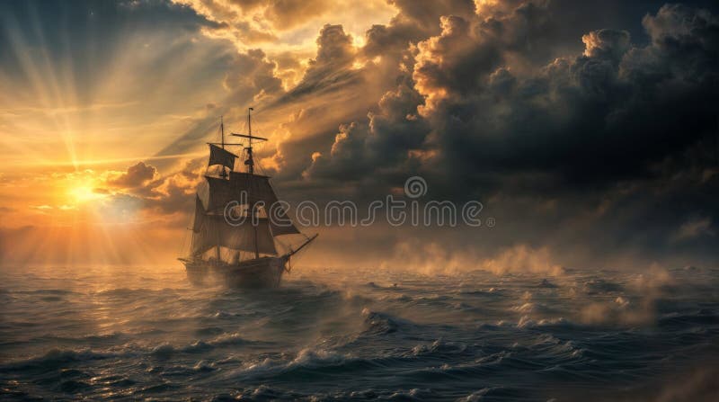 A Grand Sailing Ship Navigates through Rough Seas Toward a Stormy ...