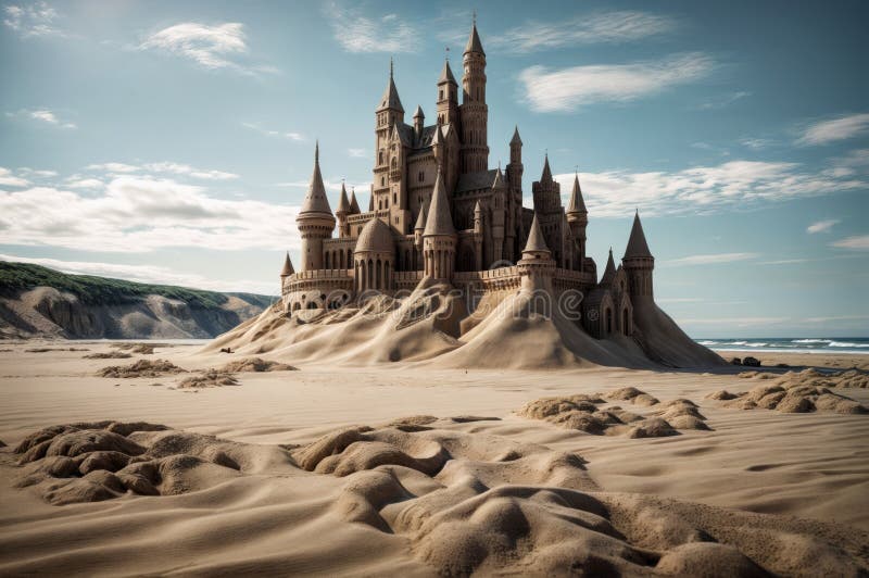 Grand Sandcastle on Beach with Blue Sky Stock Illustration ...