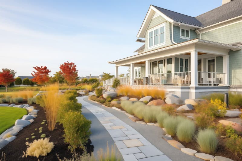 Grand Shingle House with Stoneaccented Garden Beds Stock Image - Image ...