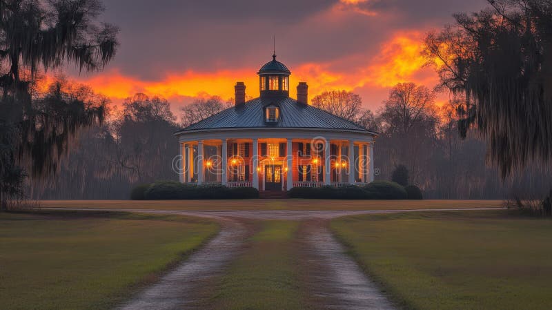 Grand Southern Mansion at Sunset with Dramatic Sky Stock Illustration ...