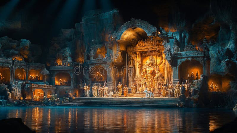 Grand Stage Show with Water and Ruins at Night Stock Illustration ...