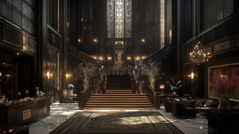 Grand Staircase in Dark Luxurious Lobby Interior Stock Illustration ...