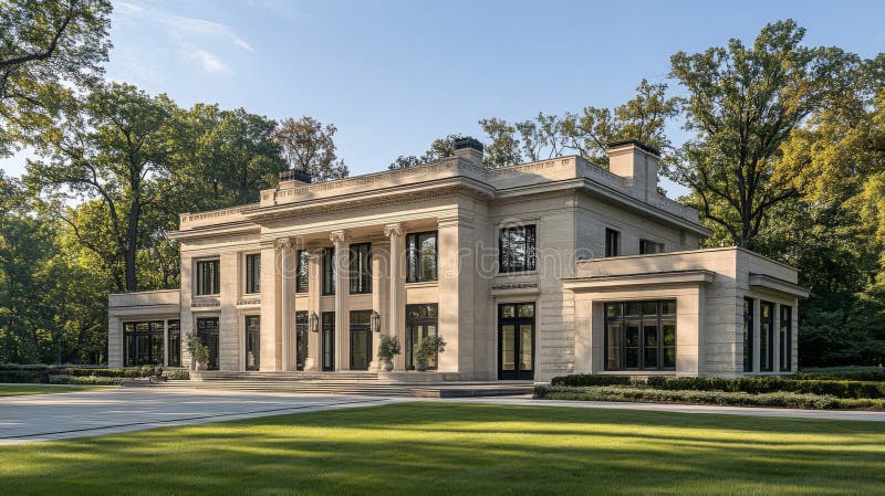 Grand Stone Mansion with Classical Columns and Landscaped Grounds Stock ...