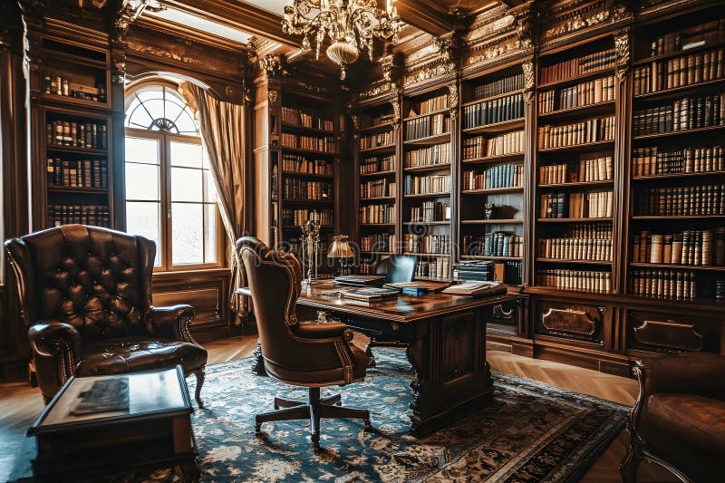 Grand Study: Opulent Library Interior with Antique Furniture Stock ...