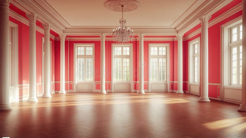 Grand, Sunlit, Empty Hall with Columns and Rose-toned Walls Stock Photo ...