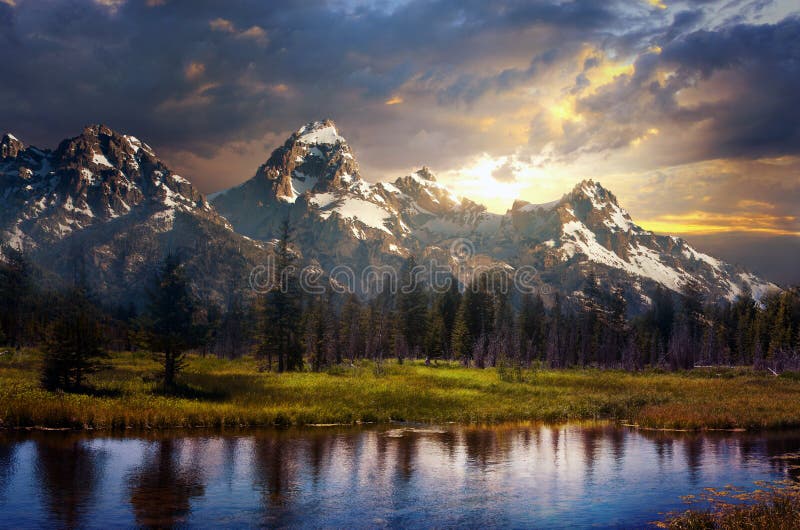 Grand Tetons and Reflection Stock Photo - Image of snow, beautiful ...