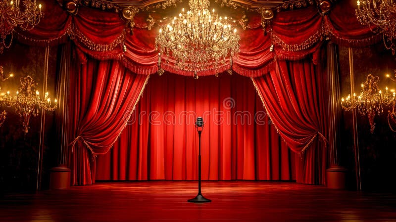 A Grand Theater Stage Awaits Performance. Elegant Red Curtains Frame ...