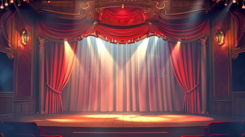 A Grand Theater Stage Awaits a Performance. the Rich Red Curtains Frame ...