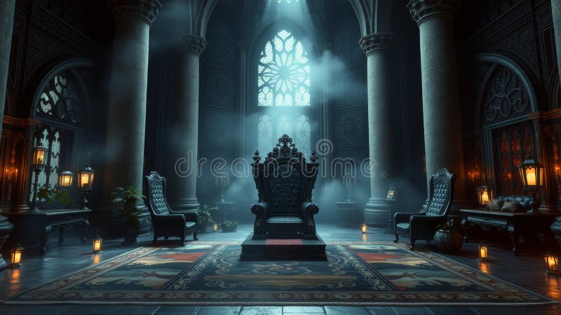 A Grand Throne Room with a Large Ornately Carved Throne Stock ...