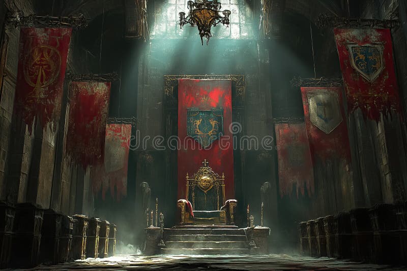 A Grand Throne Sits Alone in a Dim Hall, Lit by Beams of Light, with ...