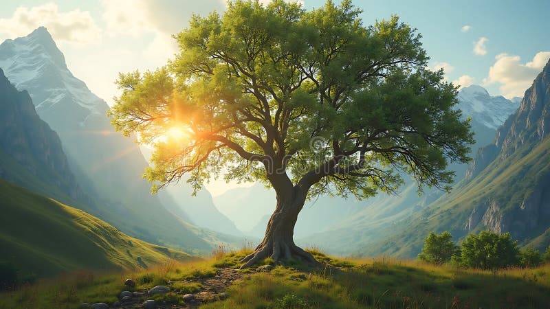 Grand Tree on Hillside with Sunrays and Mountain Backdrop Stock ...