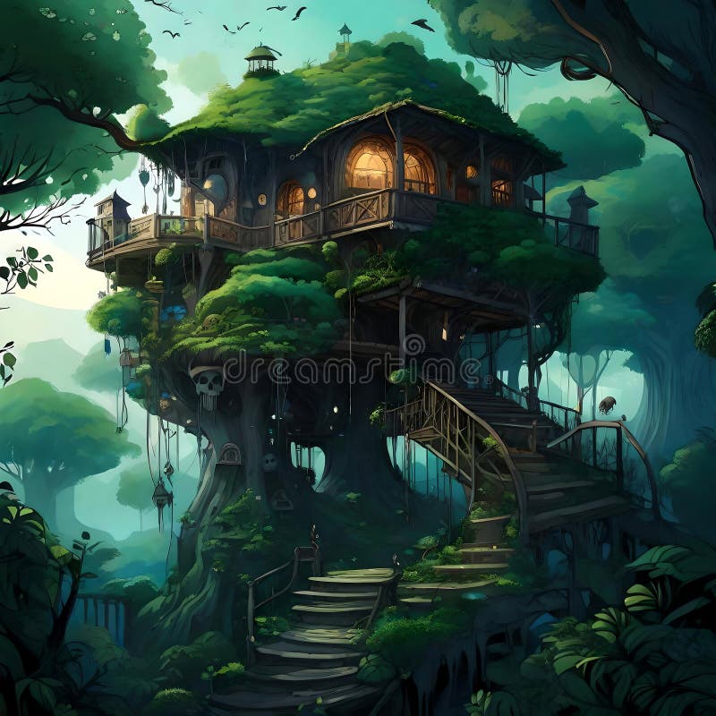 Grand Tree House in the Woods Illustration - Ai Generated Image Stock ...