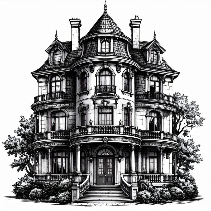Grand Victorian Mansion Architectural Drawing Stock Illustration ...