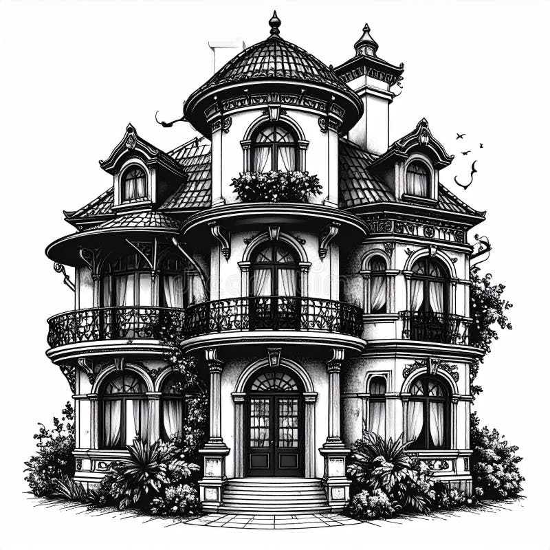 Grand Victorian Mansion Architectural Drawing Stock Illustration ...