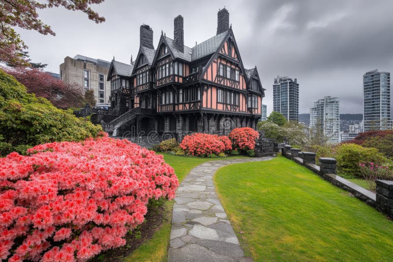 A Grand Victorian Mansion Boasting Lush Gardens and a Stone Pathway ...