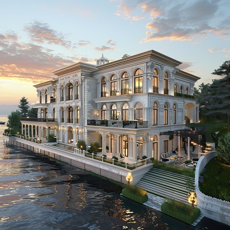 Grand Waterfront Mansion at Sunset Stock Photo - Image of columns ...
