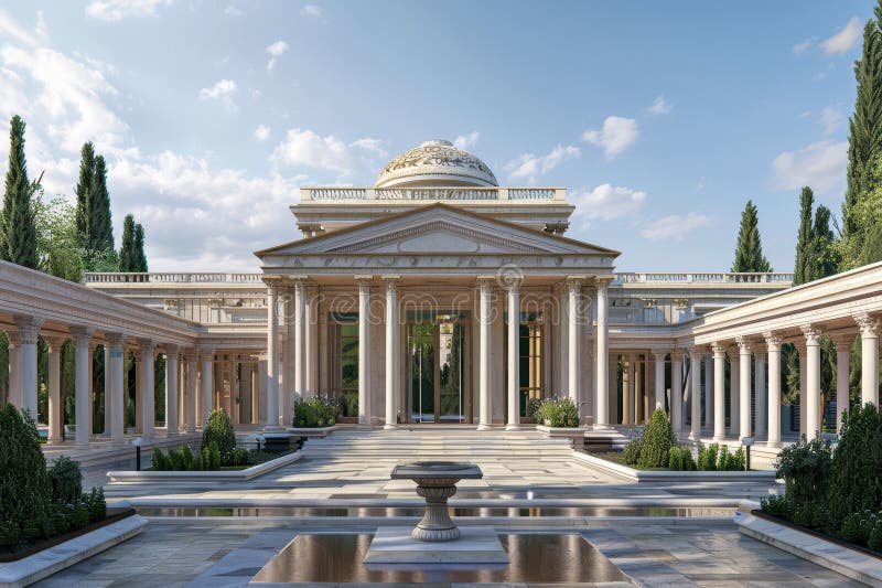 A Grand White Building with Columns and a Fountain in the Foreground ...