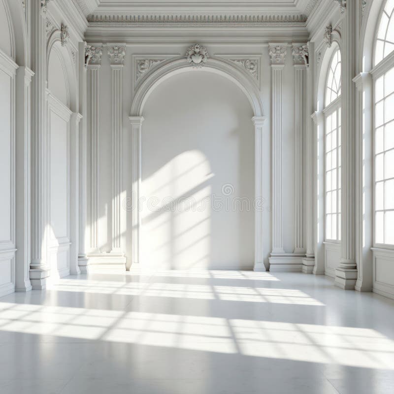 Grand White Hall with Classical Architecture. Sunlight Casts Shadows on ...