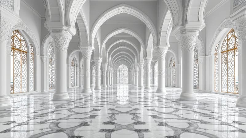Grand White Hall with Marble Floor, Arches Stock Illustration ...