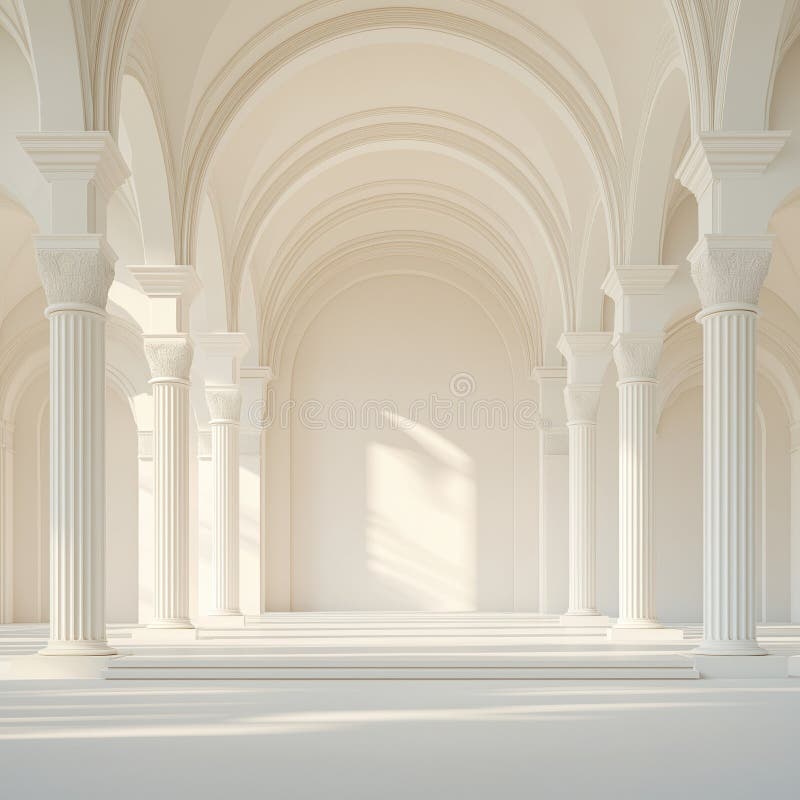 Grand White Hall with Ornate Columns, Arches. Sunlight Streams through ...