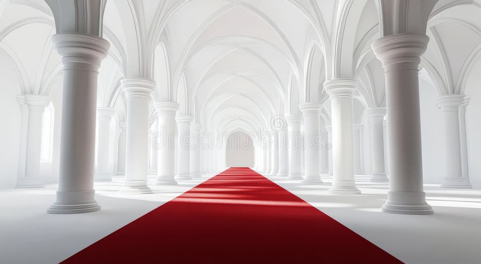 In a Grand, White Hallway with Arched Ceilings and Classical Columns ...