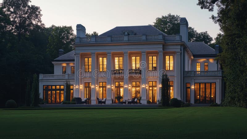Grand White Mansion at Dusk with Illuminated Windows Stock Illustration ...